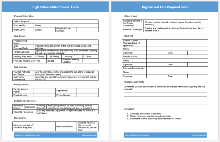 High School Club Proposal Form - Proposal Forms